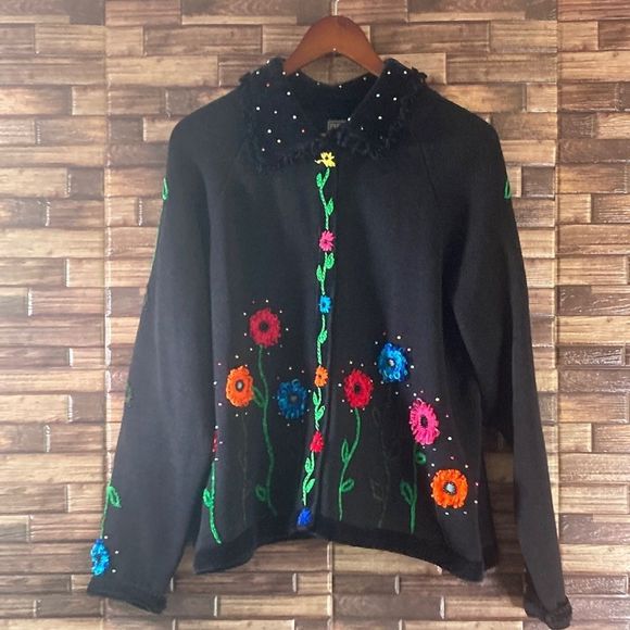 berek | Sweaters | Vintageberek Embroidered Beaded Flowers Linen Blend ...